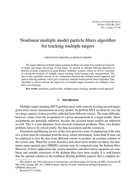 Pdf Nonlinear Multiple Model Particle Filters Algorithm For Tracking Multiple Targets