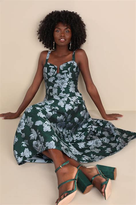Emerald Floral Dress Jacquard Drop Waist Dress Midi Dress Lulus