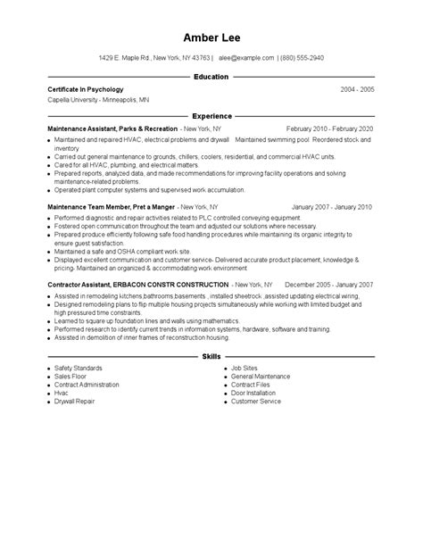 Maintenance Assistant Resume Examples And Tips Zippia