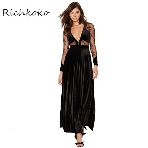 Richkoko Solid Black Women Dress Velvet Lace Contrast Long Sleeves V
