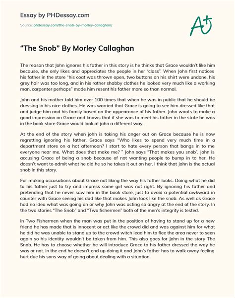 The Snob By Morley Callaghan Summary And Analysis Essay 500 Words