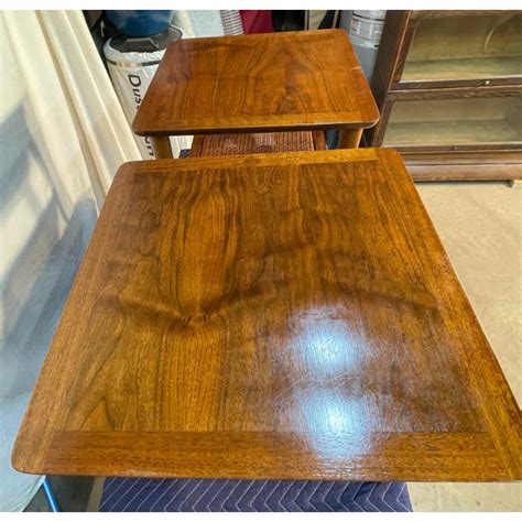 Mid 20th Century Lane Walnut Mcm End Tables With Caned Shelves Chairish