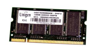 128 MB DDR RAM 200 Pin SO DIMM PC 2700S DDR333 Unigen UG016D6686KM D