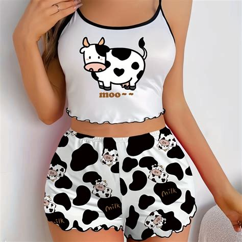 Conjunto De Pijama Con Estampado De Vaca Linda Ribete De Lechuga Top