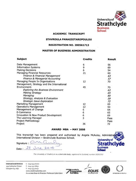 Academictranscriptstrathclydebusiness Pdf Master Of Business