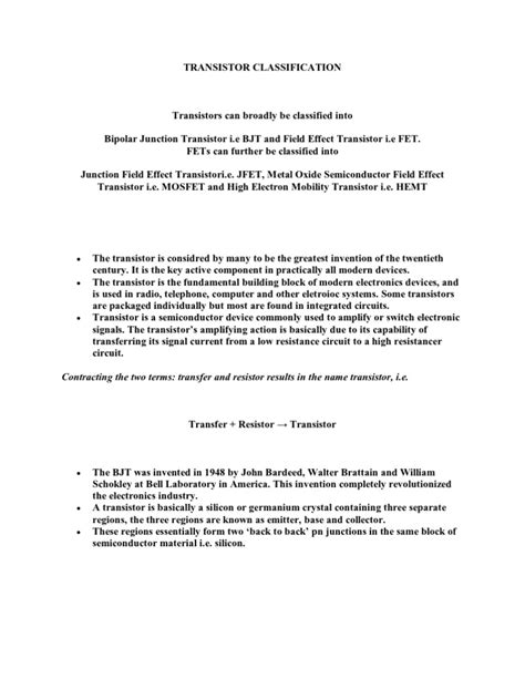 Transistor Classification Pdf Field Effect Transistor Transistor