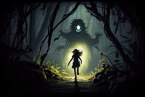 Muchacha Corriendo De Monstruo En Un Bosque Oscuro Y Misterioso Con