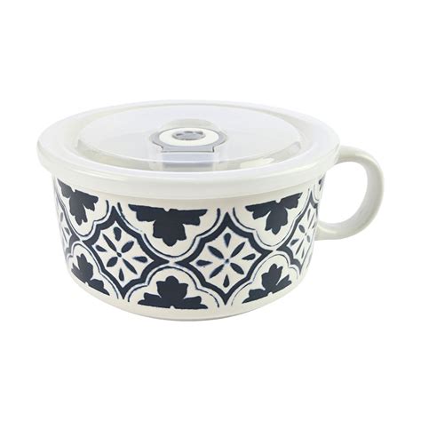 Embossed Ceramic Soup Mug With Lid