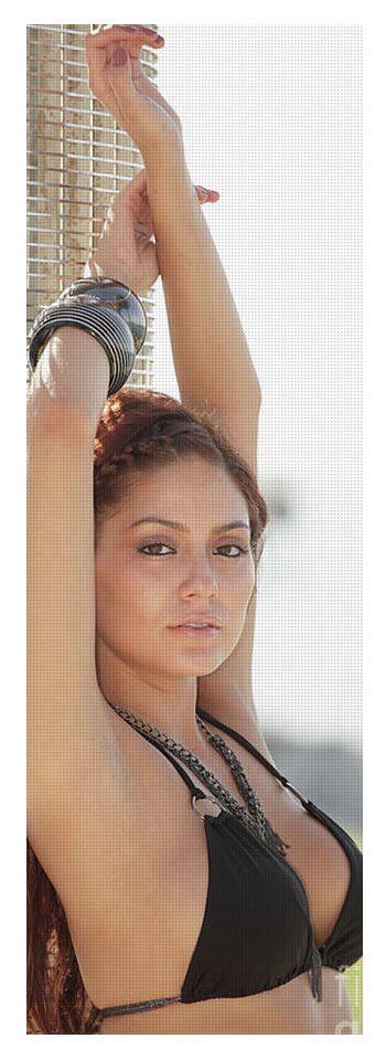 Sexy Supermodel Posing In A Bikini With Arms Raised Overhead Yoga Mat