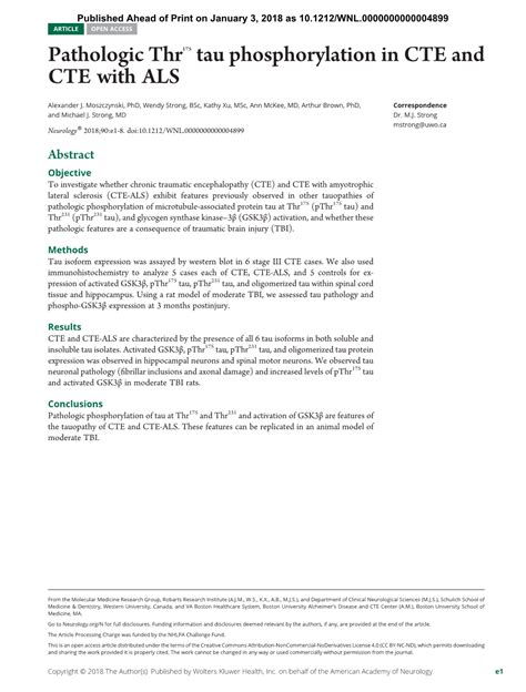 Pathologic Thr175 Tau Phosphorylation In Cte And Cte With Als Docslib