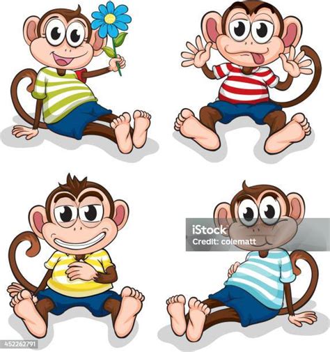 Monkeys With Different Facial Expressions向量圖形及更多4隻動物圖片 4隻動物 一朵花 一群