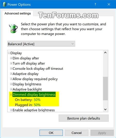 Add Or Remove Dimmed Display Brightness From Power Options In Windows