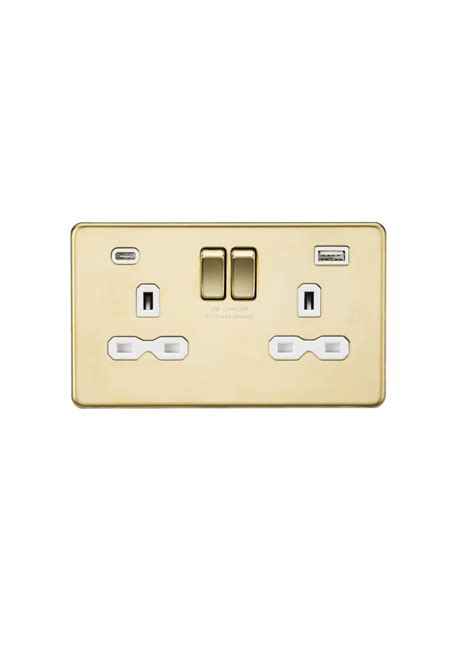 Polished Brass A G SP Switched Socket With Dual USB A C V DC A Shared With White Insert
