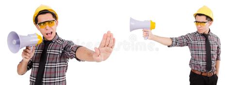 The Young Construction Worker With Loudspeaker Isolated On White Stock
