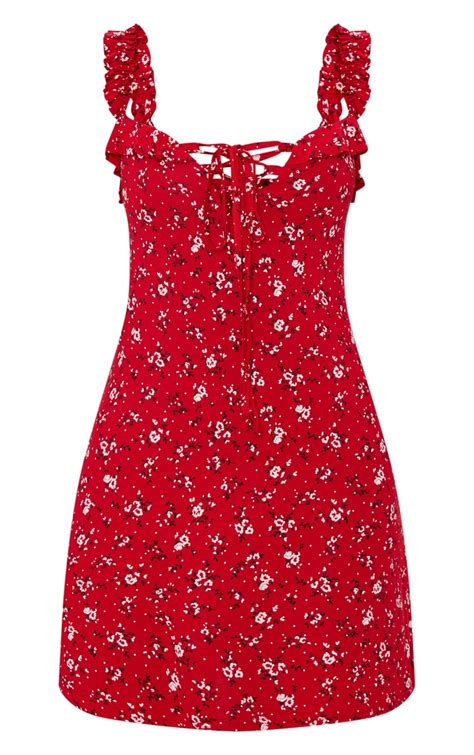 Red Ditsy Floral Frill Detail Shift Dress Dresses Prettylittlething