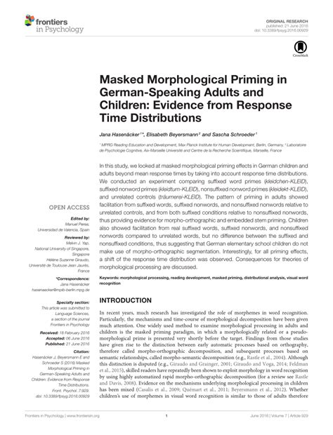 Pdf Masked Morphological Priming In German Speaking Adults And