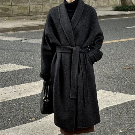 러브끄 울70 가운 숄더 카라 심플 우아 청담동룩 벨트 세트 롤업 루즈핏 오버핏 롱코트