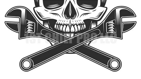 Artstation Skull With Crossed Wrench Tools In Monochrome Illustration