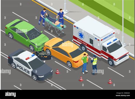 Isometric Car Crash With Two Vehicles Isometric Vector Scene Of A Road