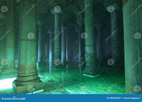 The Basilica Cistern View With Green Light Ambient Editorial Photo