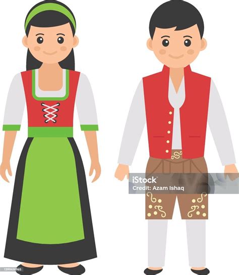 함께 서있는 오스트리아 커플 개념 주름진 앞치마 착용 벡터 컬러 아이콘 디자인 세계 원주민 상징 캐주얼 의류의 캐릭터 기호 전통