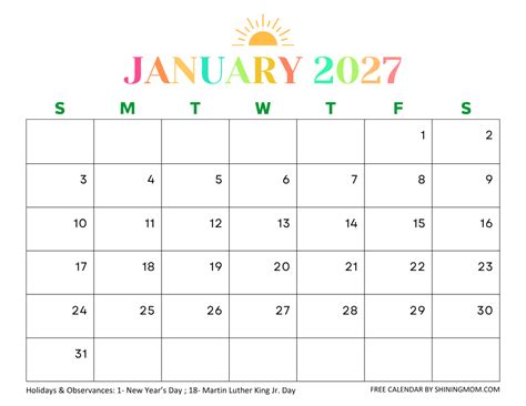 January 2027 Calendar 100 Best Free Printable Templates