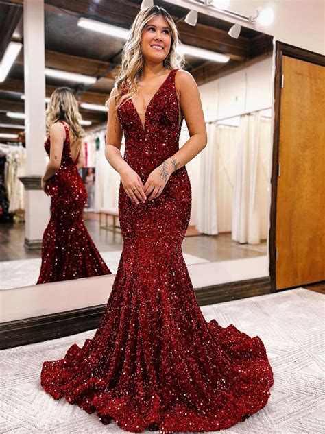 Unique Velvet Sequin Burgundy Mermaid Long Prom Dress Sequin Formal E