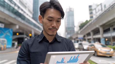 Businessman Checking Graph On Tablet In Urban Setting Premium Ai Generated Image