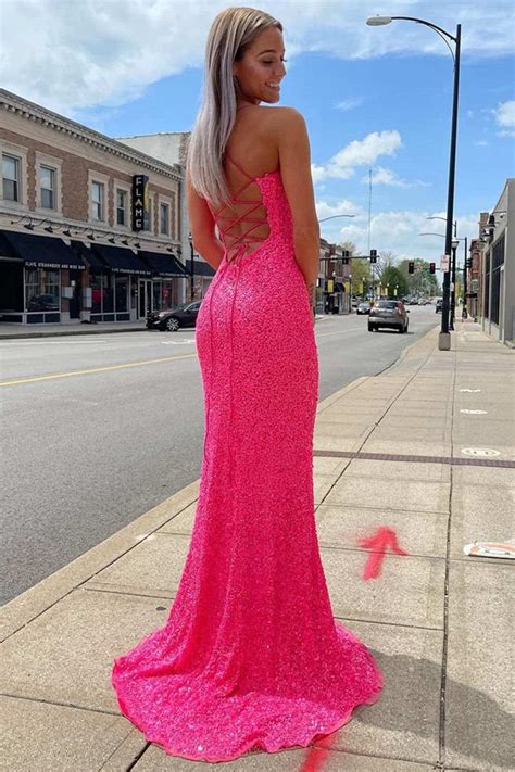 Glitters Hot Pink Mermaid Long Prom Dress With Slit Dreamdressy