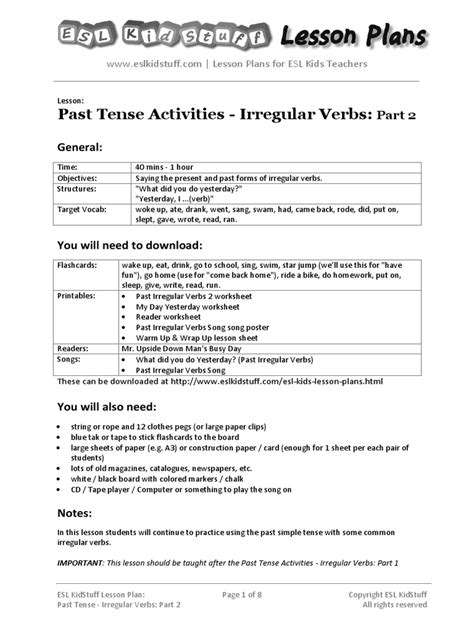 Past Tense Irregular Verbs Lesson Plan 02 Pdf English As A Second