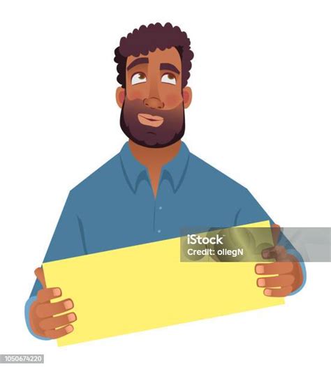 아프리카 남자 지주 빈 카드입니다 보드와 아프리카계 미국인 남자입니다 벡터 일러스트 레이 션 수줍어하는에 대한 스톡 벡터 아트