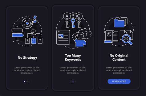 Search Engine Optimization Mistakes Night Mode Onboarding Mobile App Screen Walkthrough 3 Steps