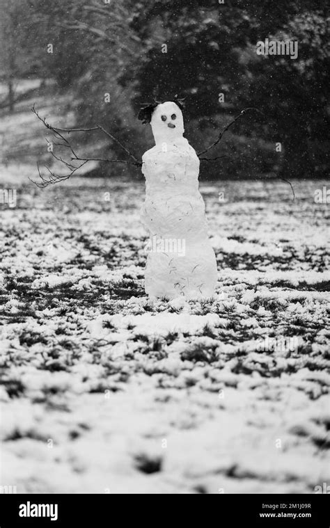 A Snowman Snow Woman In The Park In Freezing Winter Conditions With