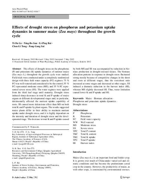 Pdf Effects Of Drought Stress On Phosphorus And Potassium Uptake Dynamics In Summer Maize Zea