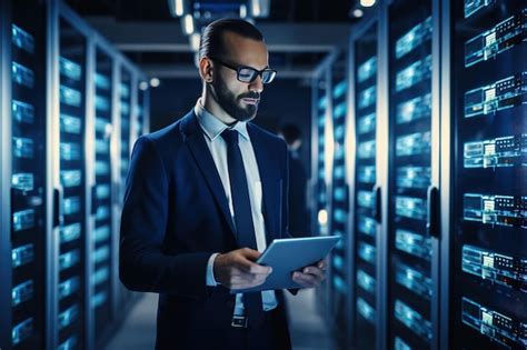 Premium Ai Image Data Center Engineer Young Man Holding Digital