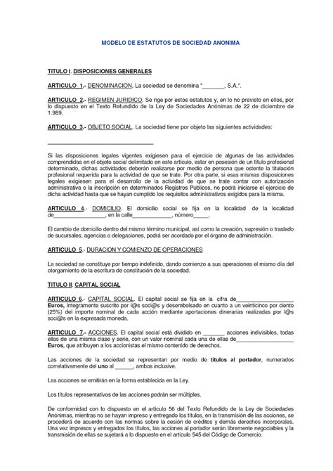 Modelo De Estatutos De Sociedad Anonima Pdf Free Download