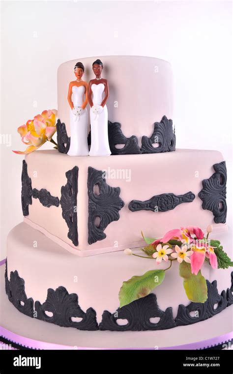 Two Brides On Pink Decorated Tiered Wedding Cake Same Sex Interracial