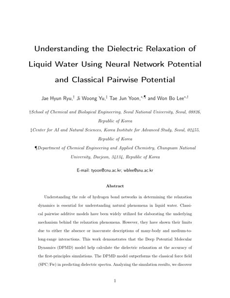 Pdf Understanding The Dielectric Relaxation Of Liquid Water Using Neural Network Potential And
