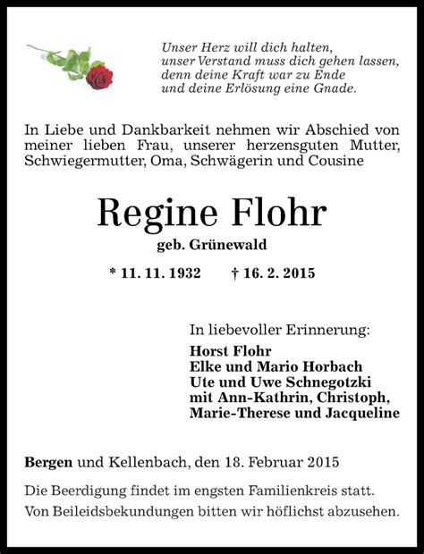 Traueranzeigen Von Regine Flohr Rz Trauer De