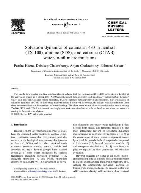 Pdf Solvation Dynamics Of Coumarin 480 In Neutral Tx 100 Anionic Sds And Cationic Ctab