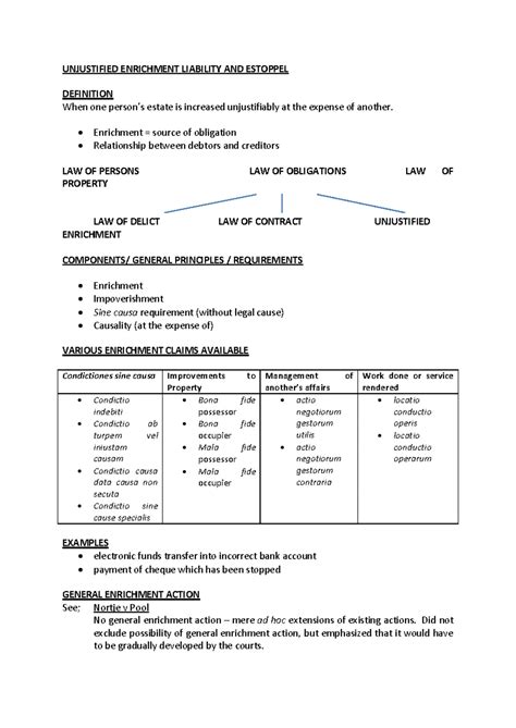 Summary Of Unjustified Enrichment Law Key Concepts For Pvl3704 Studocu