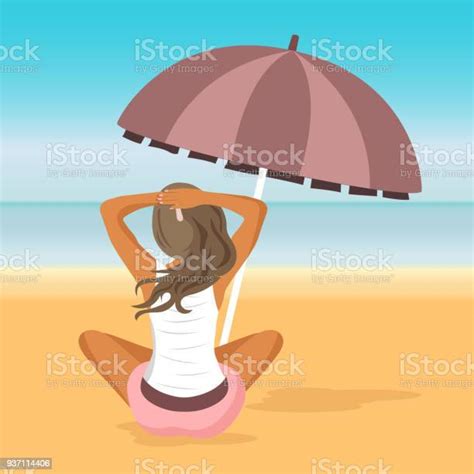 여성 해변에 앉아입니다 휴가 휴일 및 여행에 대 한 개념입니다 여름 시간입니다 평면 벡터 일러스트 레이 션 건강한 생활방식에