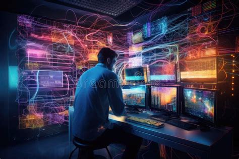 Young Hacker Stealing Data From A Server Room With Glowing Cyber