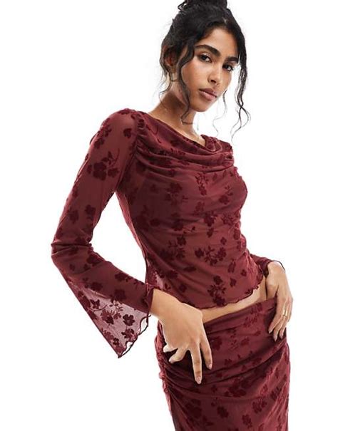 Asos Design Flock Floral Flared Sleeve Top Co Ord In Burgundy Asos