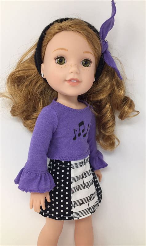 Adorable Outfit For Your Wellie Wisher Size Doll Purple Bell Sleeve Crop Top With Music Notes
