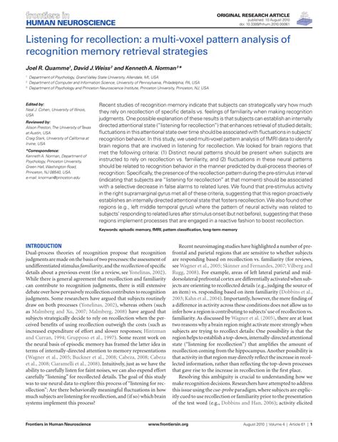 Pdf Listening For Recollection A Multi Voxel Pattern Analysis Of Recognition Memory Retrieval