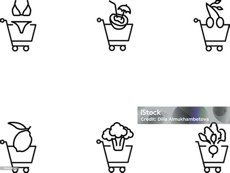 웹 사이트 앱 기사 상점 광고에 대한 현대 흑백 기호 편집 가능한 획 수영복 코코넛 칵테일 체리 레몬 브로콜리 쇼핑 카트의 비트 뿌리의 아이콘으로 설정된 벡터 아이콘 세트