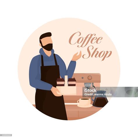 플랫 캐릭터 커피 숍 바리스타 벡터 일러스트 플랫 디자인 벡터 인포그래픽 일러스트레이션입니다 만화 남성 바리스타 또는 웨이터