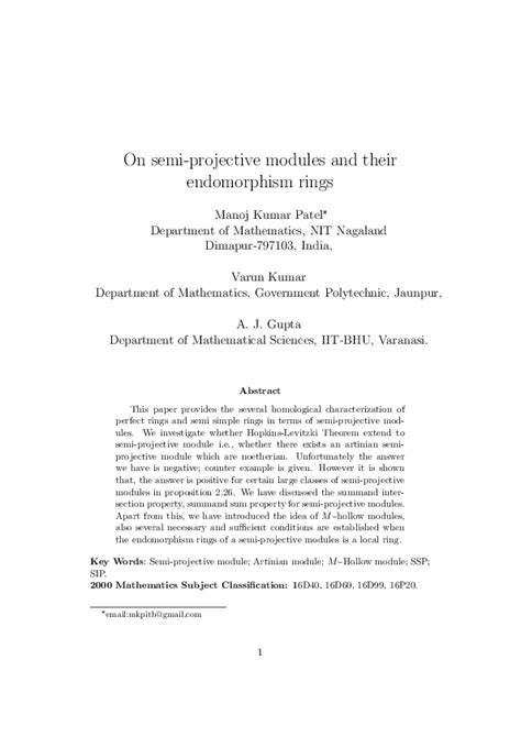 Pdf On Semi Projective Modules And Their Endomorphism Rings
