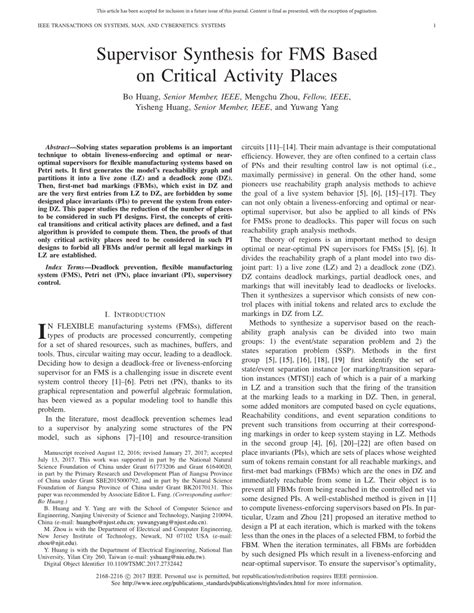 Pdf Supervisor Synthesis For Fms Based On Critical Activity Places